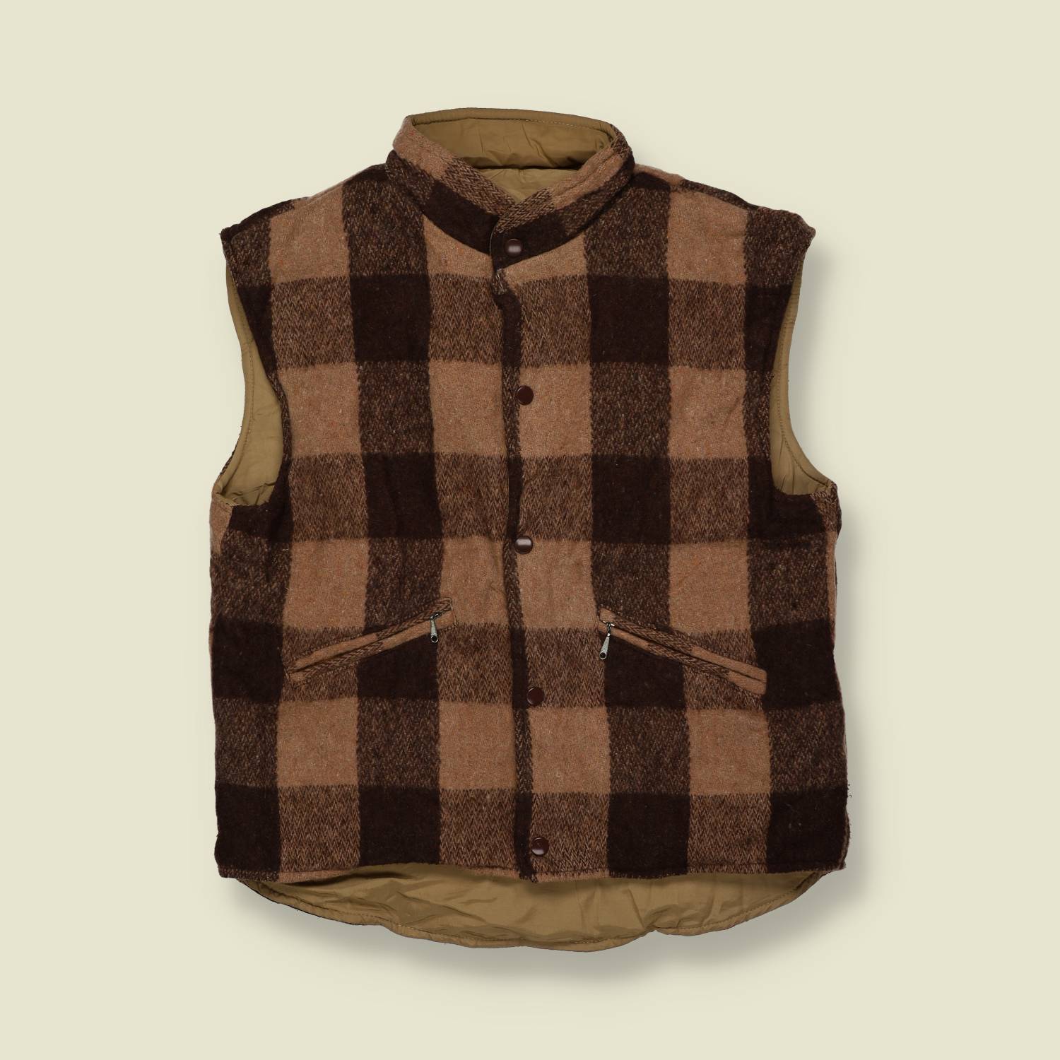1960s | Wool Hunting Vest | Brown Buffalo Check – Quilted Lining - S
